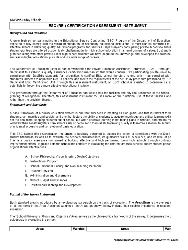 ESC Certification Assessment Instrument | PDF | Educational Assessment ...