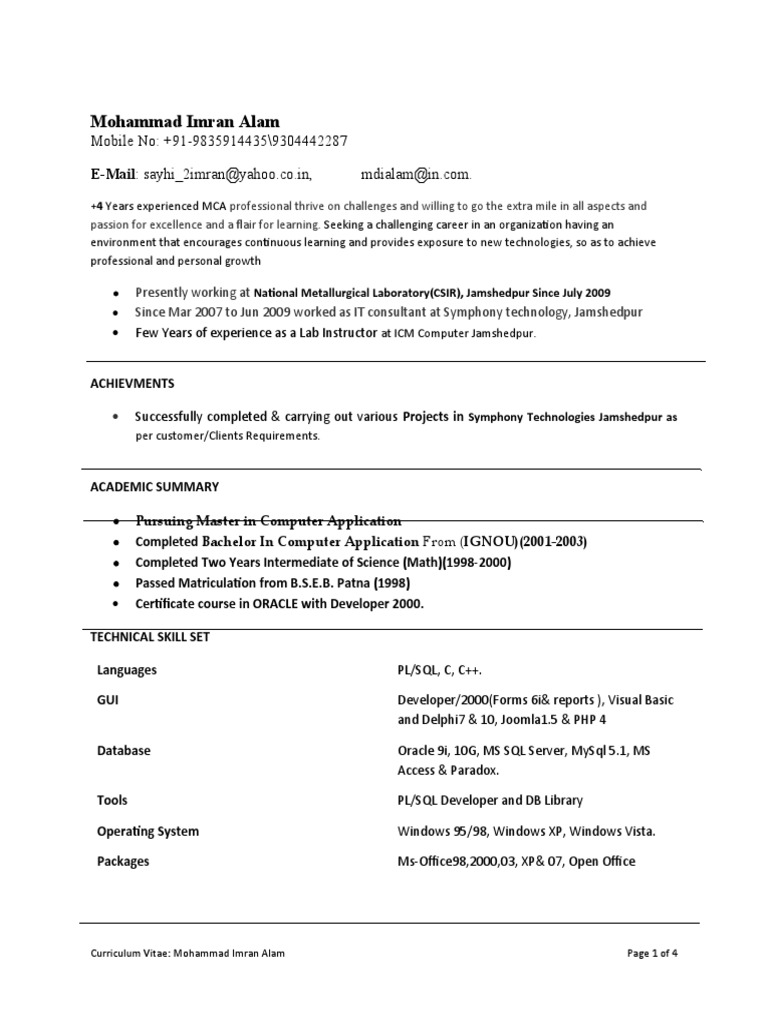 Curriculum Vitae of Mohammad Imran Alam Seeking New Opportunities in Information Technology ...