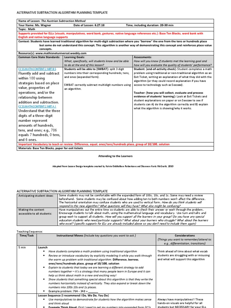 Austrian Method Alternative Algorithm Sample Lesson | PDF | Subtraction ...