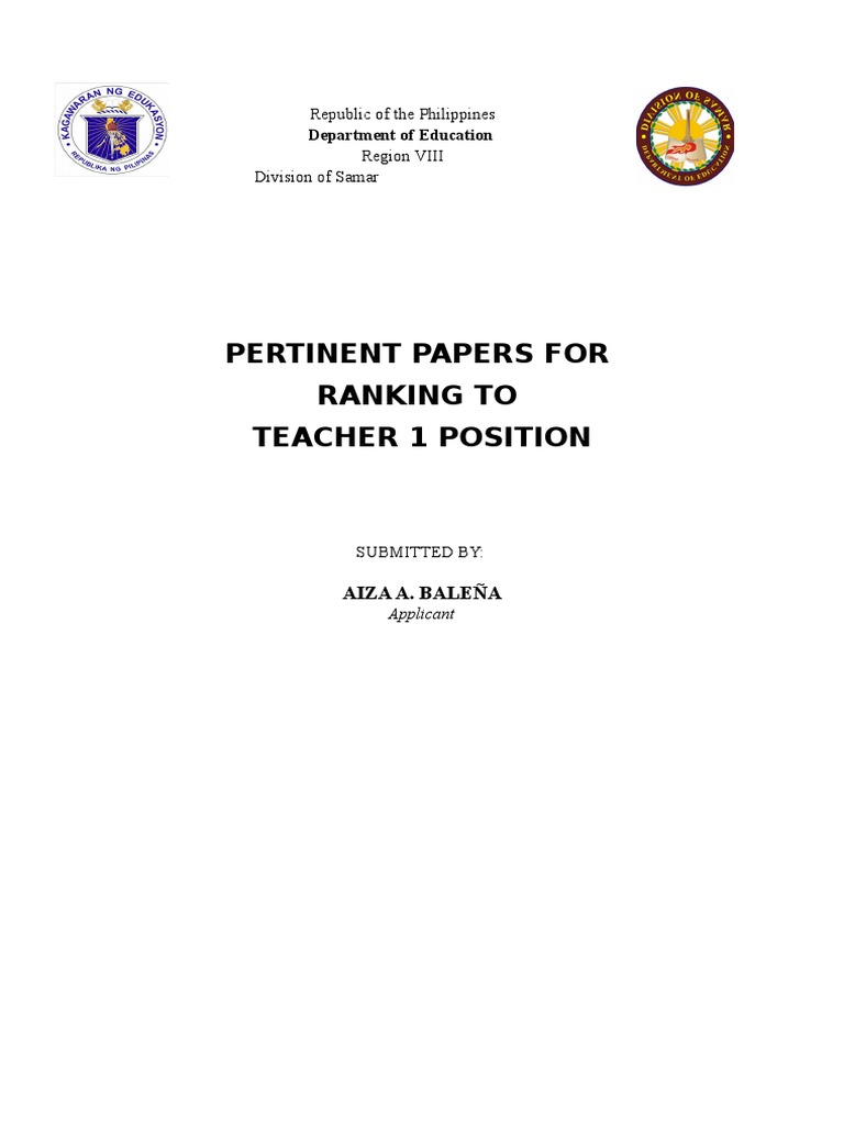Pertinent Papers For Ranking To Teacher 1 Position: Republic of The ...