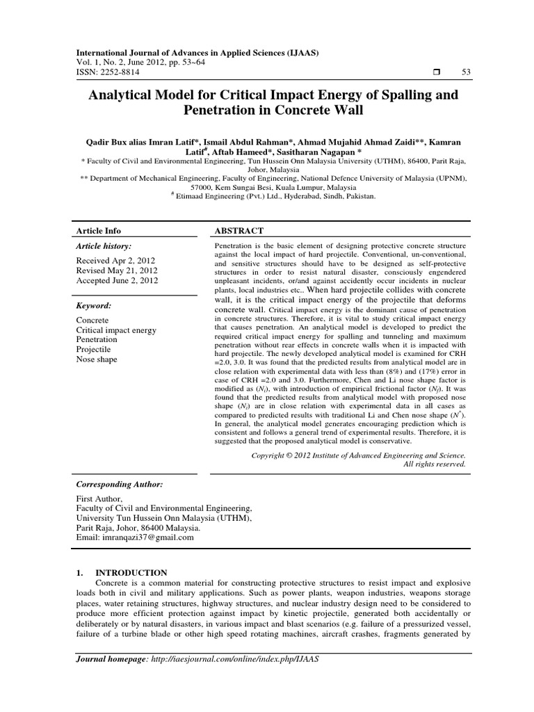 Analytical Model For Critical Impact Energy of Spalling and Penetration ...