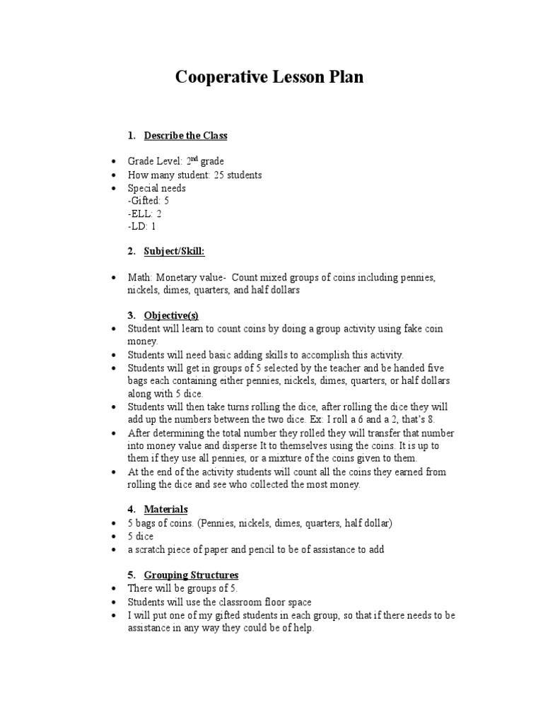 Cooperative Lesson Plan: 1. Describe The Class | PDF