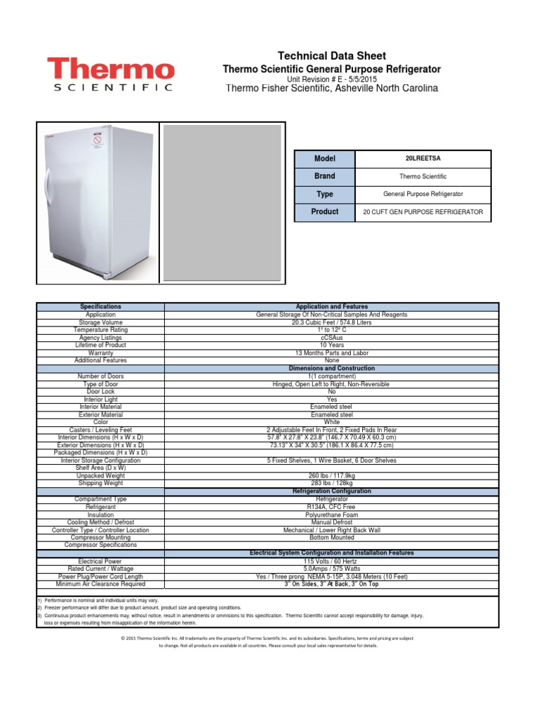 Technical Spec Sheet 20LREETSA PDF | PDF | Refrigerator | Door