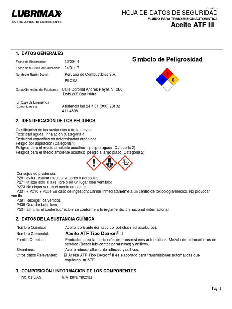 Ok MSDS Aceite ATF Pecsa Lubrimax | Combustión | Lubricante