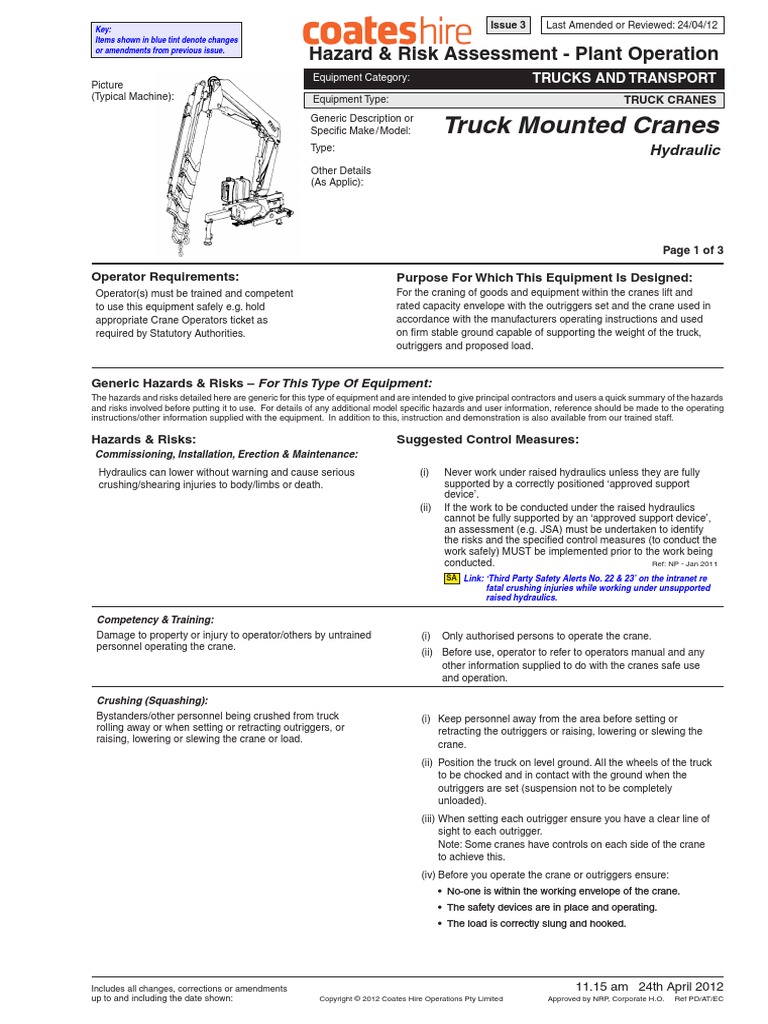 Truck Mounted Cranes: Hazard & Risk Assessment - Plant Operation | PDF ...