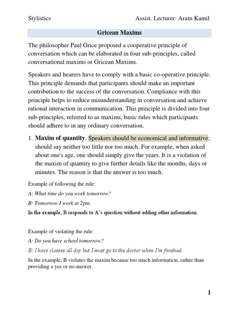 Gricean Maxims: Example of Following The Rule | PDF | Linguistics ...