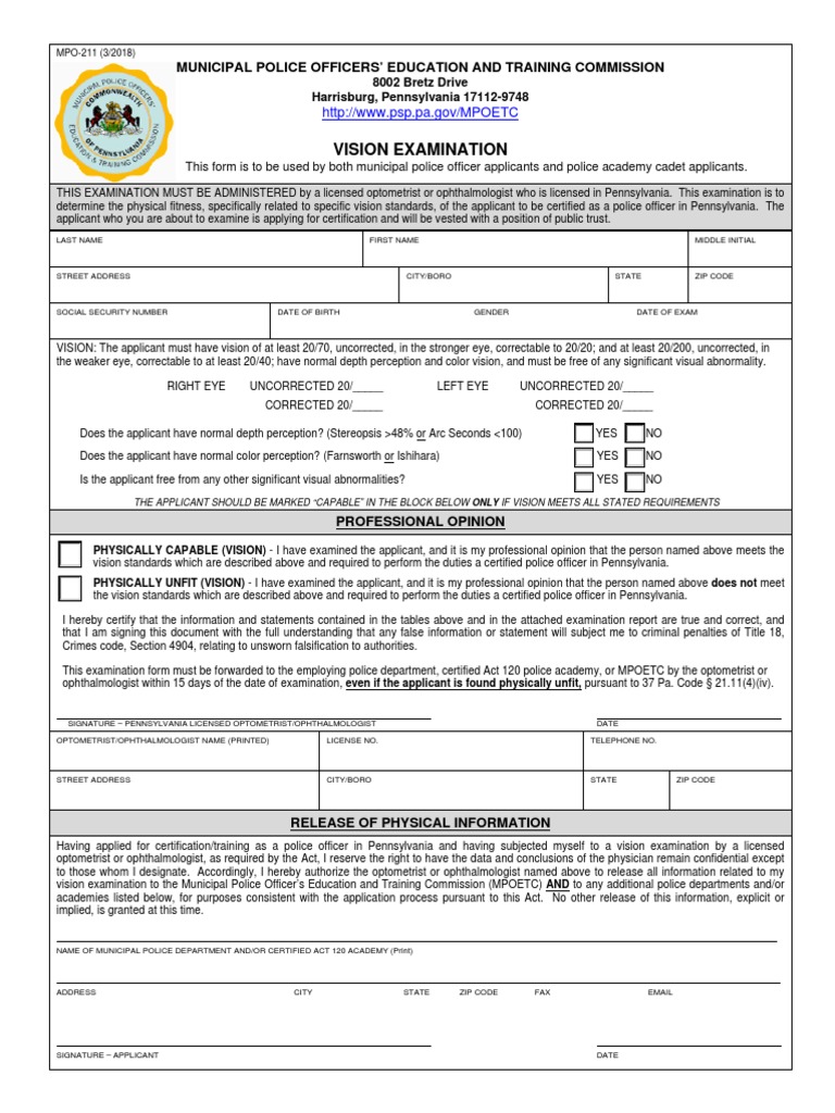 Pennsylvania Police Vision Examination Form | PDF | Optometry | Test ...