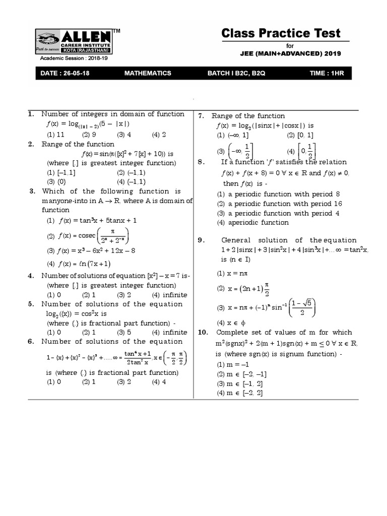 Practice Test Functions | PDF | Function (Mathematics) | Trigonometric ...