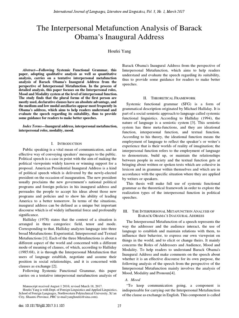 The Interpersonal Metafunction Analysis of Barack Obama's Inaugural ...