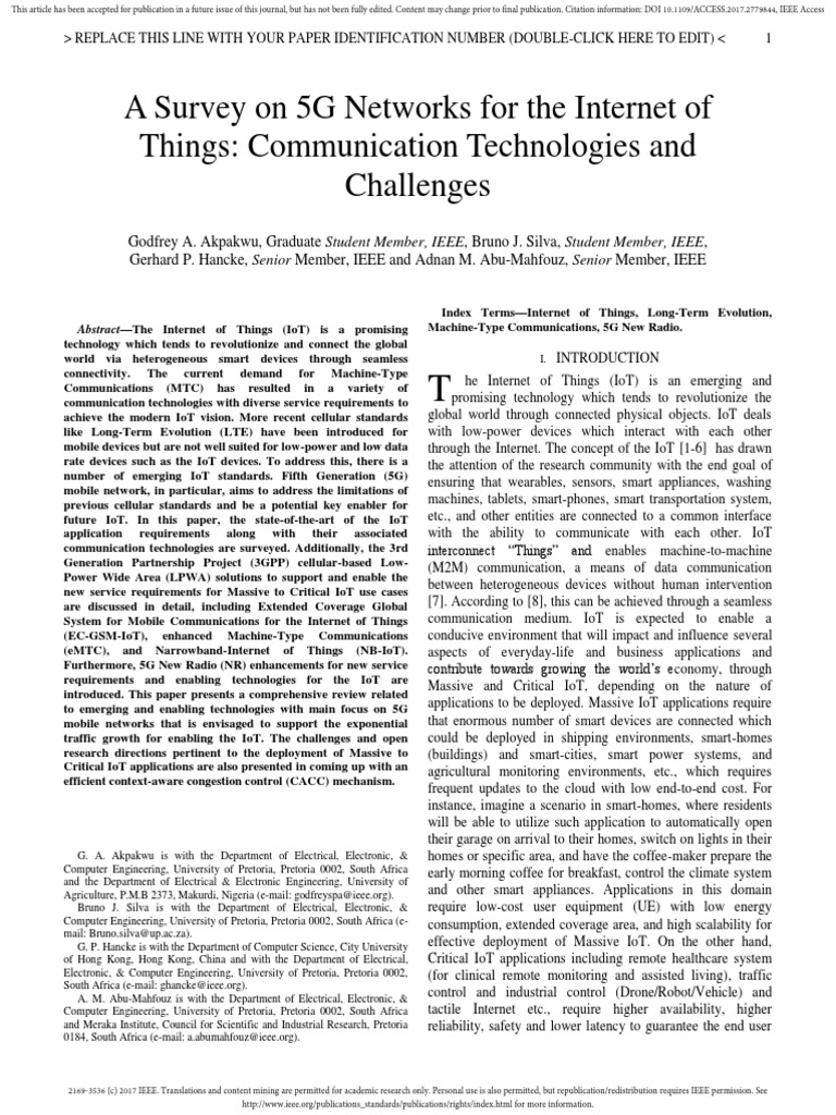 A Survey On 5G Networks For The Internet of Things: Communication ...