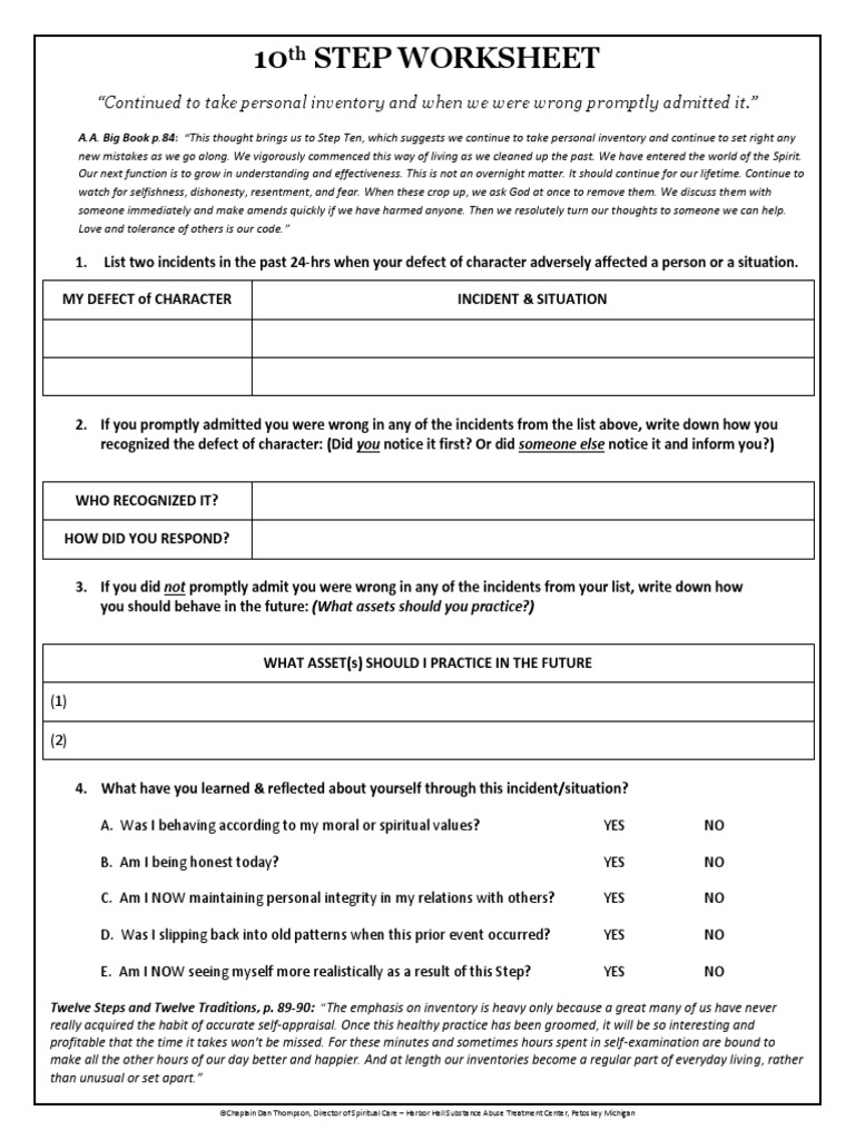10th STEP Worksheet | PDF | Inventory | Psychological Concepts