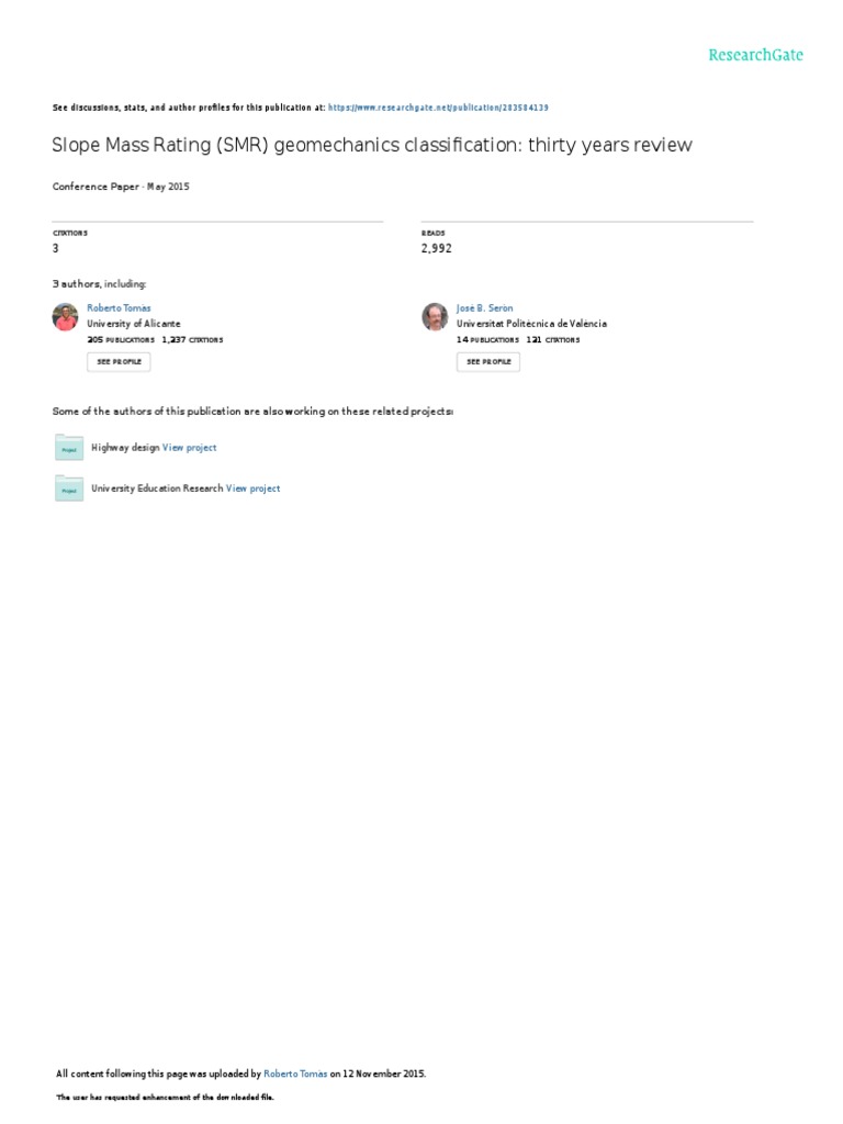 Slope Mass Rating - SMR - Geomechanics Classification - Thirty Years ...