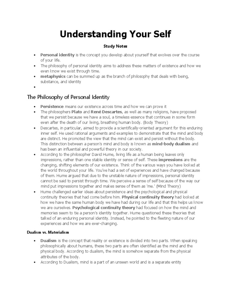 Understanding The Self Study Notes | PDF | Philosophy Of Self | Mind ...