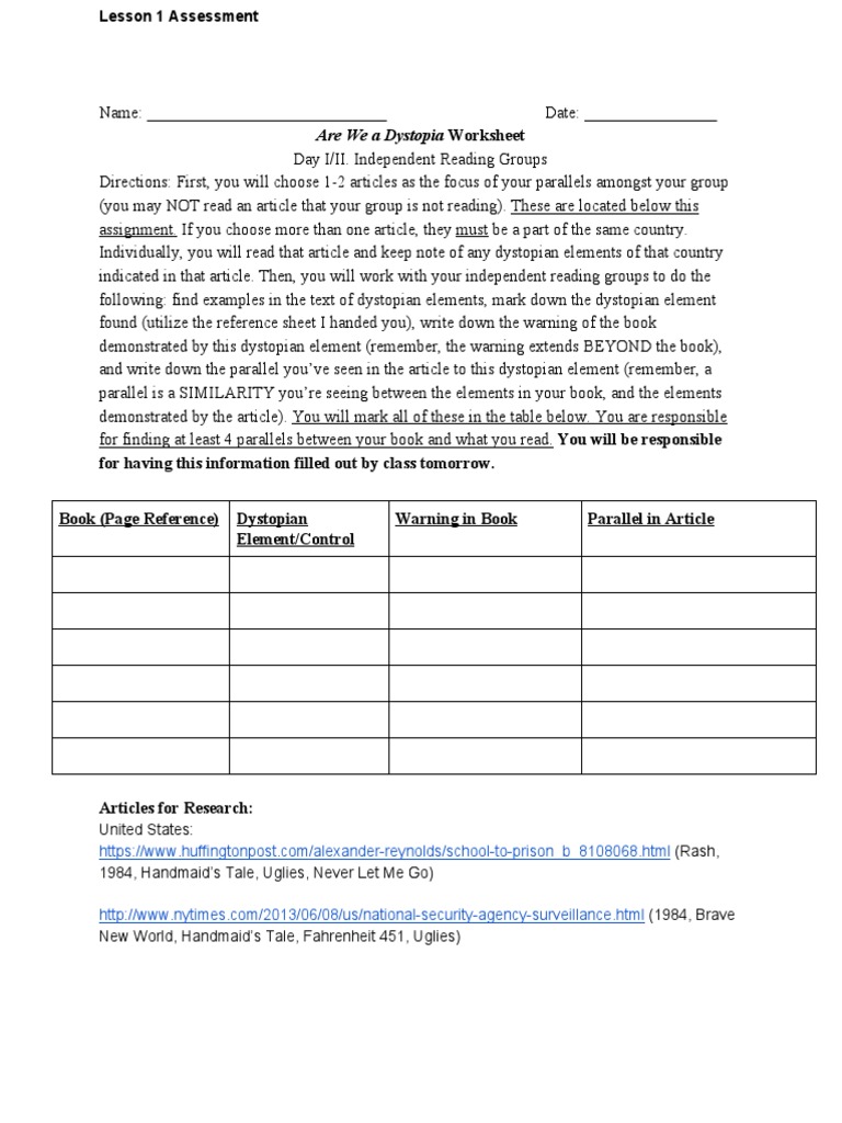 Dystopian Elements Assessment Worksheet | PDF | Dystopia | Books