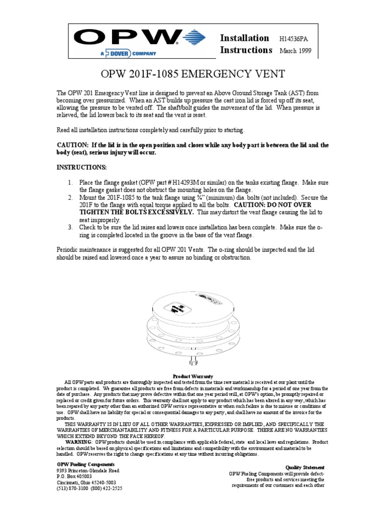 Opw 201F-1085 Emergency Vent: Installation Instructions | PDF ...