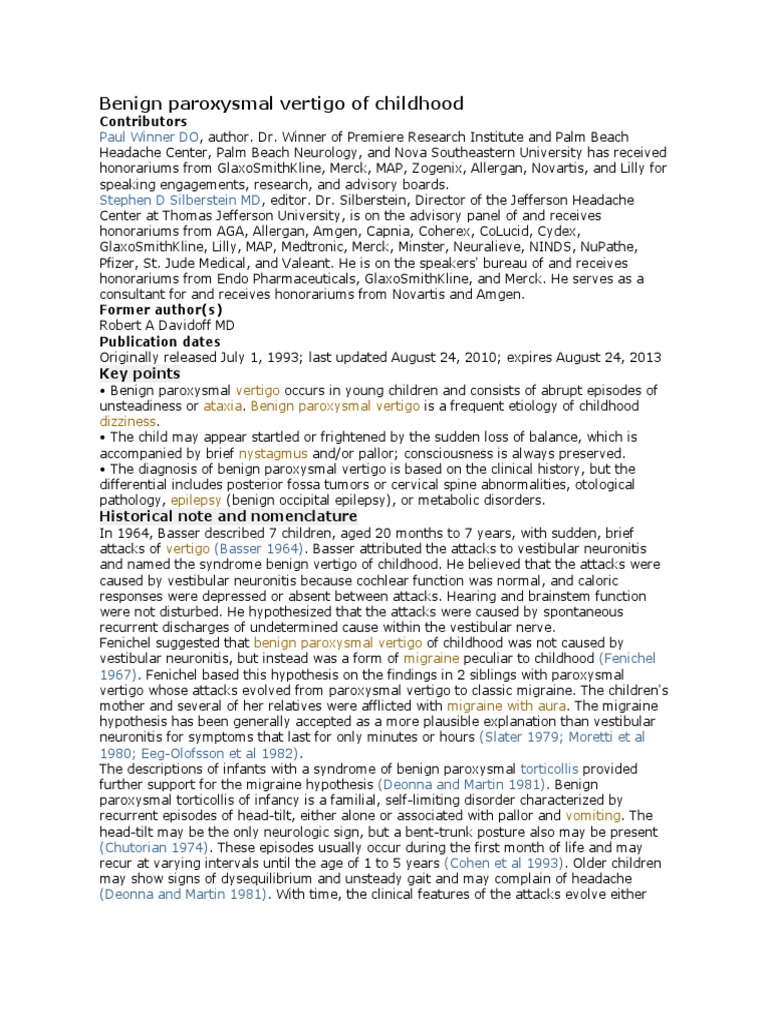 Benign Paroxysmal Vertigo of Childhood | PDF | Vertigo | Migraine