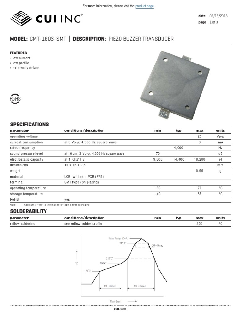 Cmt-1603-Smt Datasheet - Piezo Buzzer Transducer _ Cui Inc ...