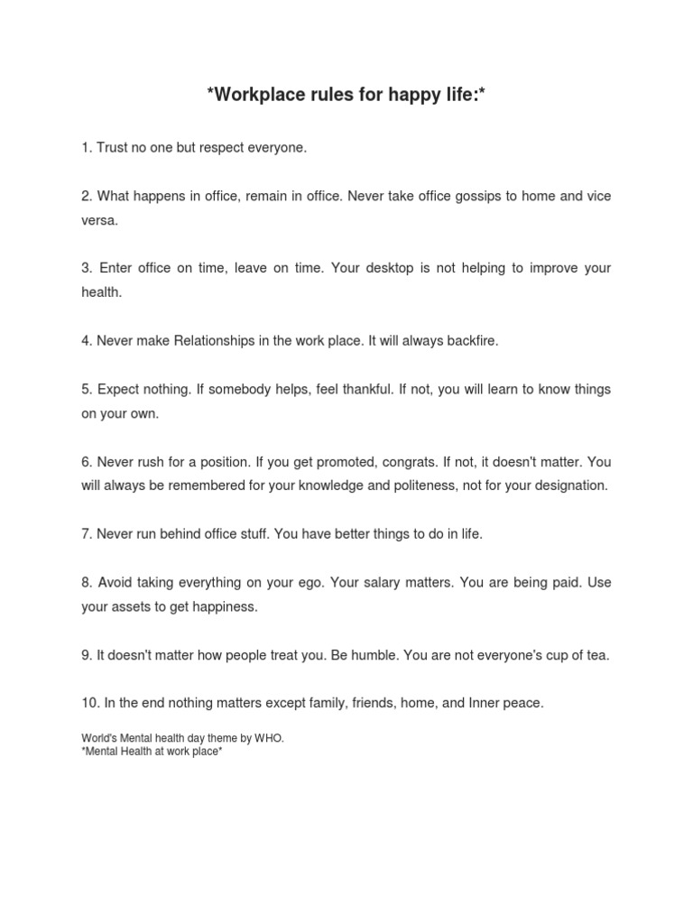 Workplace Rules for a Happy Life | PDF | Self-Improvement