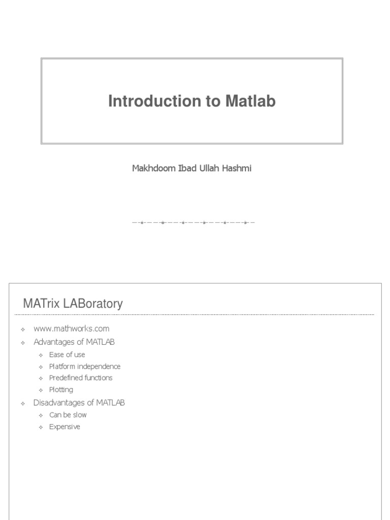 Introduction To Matlab: Makhdoom Ibad Ullah Hashmi | PDF | Matlab ...