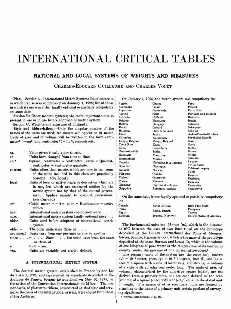 Inteenational Critical Tables: National and Local Systems of Weights ...