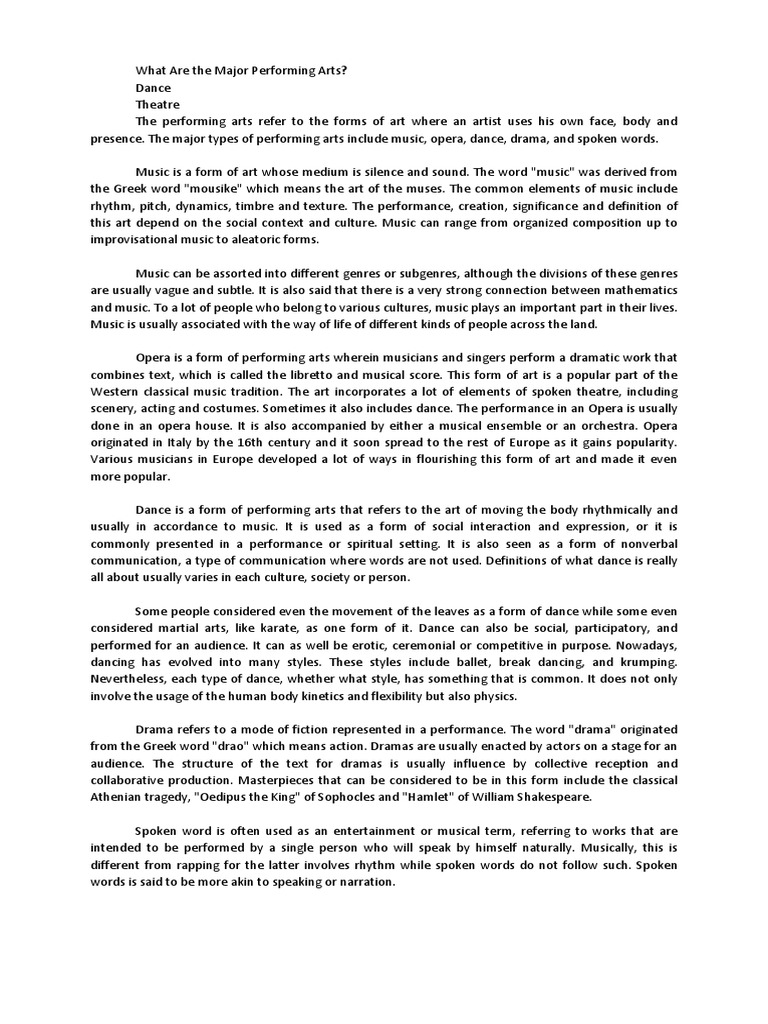 Major Forms of Performing Arts | PDF | Dances | Performing Arts