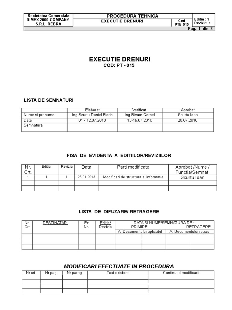 Executie Drenuri: Procedura Tehnica | PDF