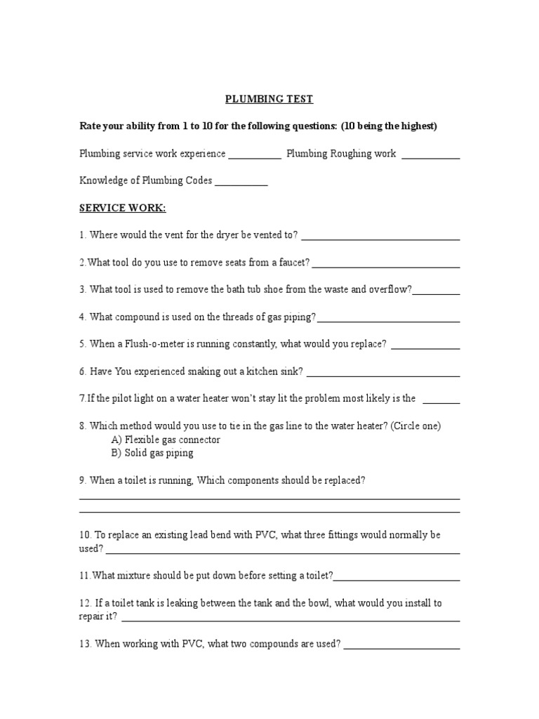 Plumbing Test Rate Your Ability From 1 To 10 For The Following ...