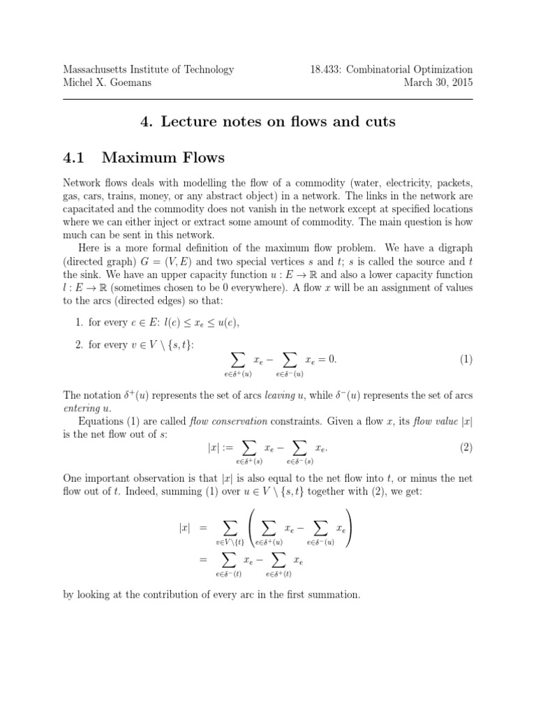 Lecture Notes On Flows and Cuts 4.1 Maximum Flows | Download Free PDF ...