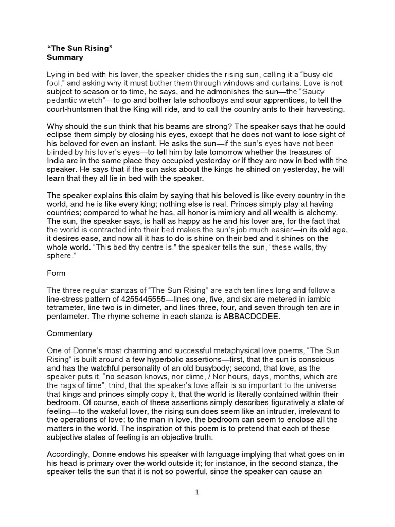 The Sun Rising" Poem Analysis | PDF | Poetry