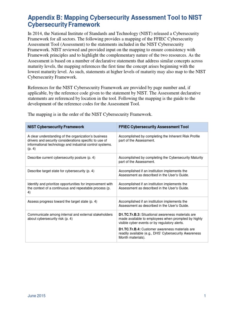 FFIEC CAT App B Map To NIST CSF June 2015 PDF4 PDF | PDF | Computer ...