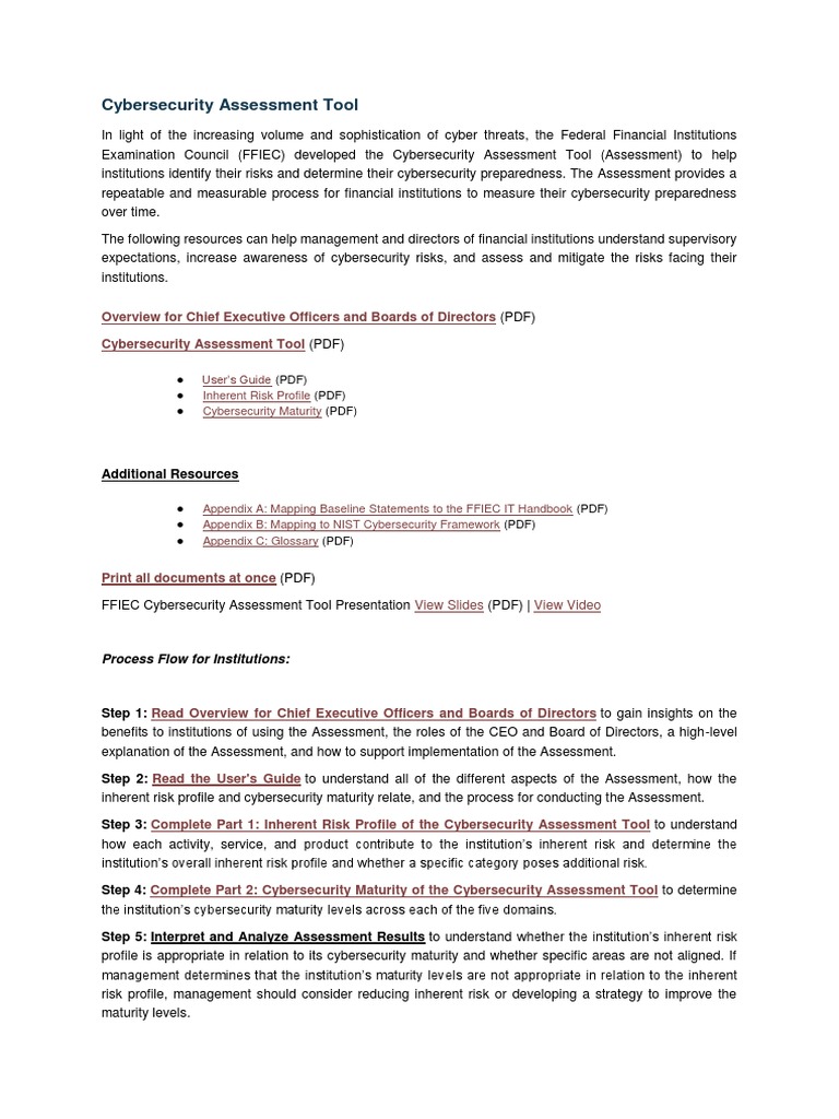 Cybersecurity Assessment Tool: User's Guide Inherent Risk Profile ...