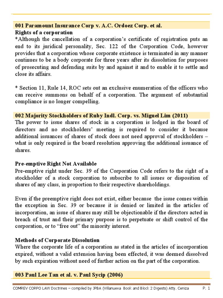 Corp Digest Cases (Villanueva) | PDF | Corporations | Piercing The ...