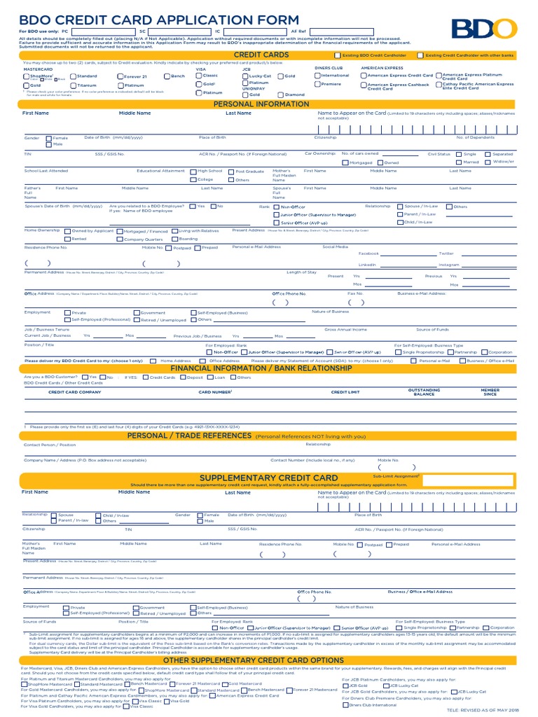 BDO Credit Card Application Form | PDF | American Express | Credit Card