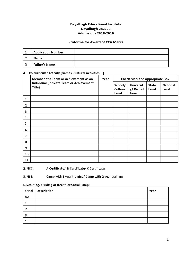 CCA Marks Proforma for Admissions 2018-19 | PDF