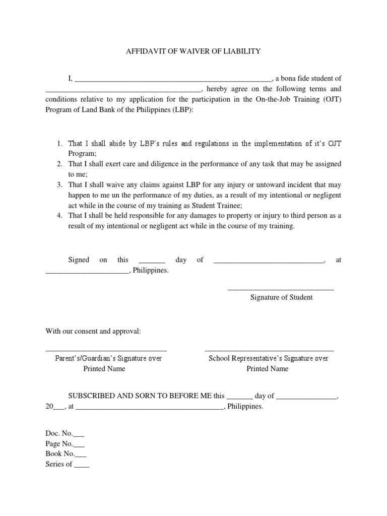 Affidavit of Waiver of Liability | PDF