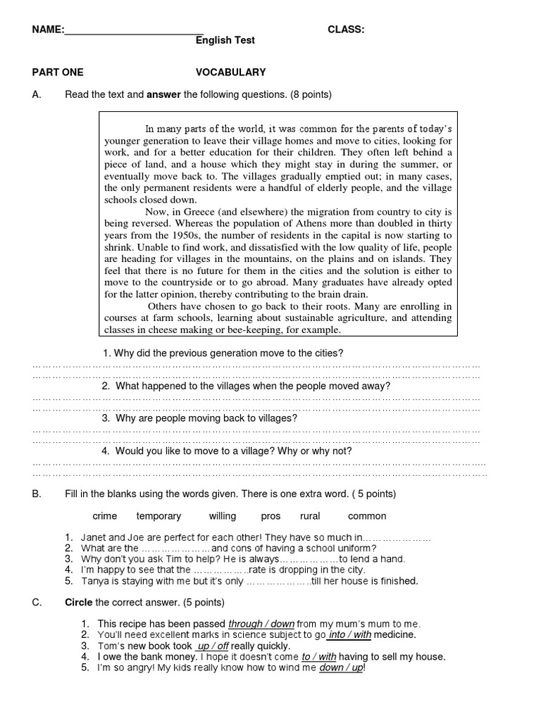 NAME: - Class: English Test | PDF