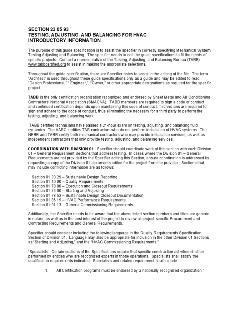 SECTION 23 05 93 Testing, Adjusting, and Balancing For Hvac ...