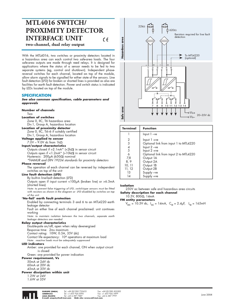 MTL4016 SWITCH/ Proximity Detector Interface Unit: Two-Channel, Dual ...