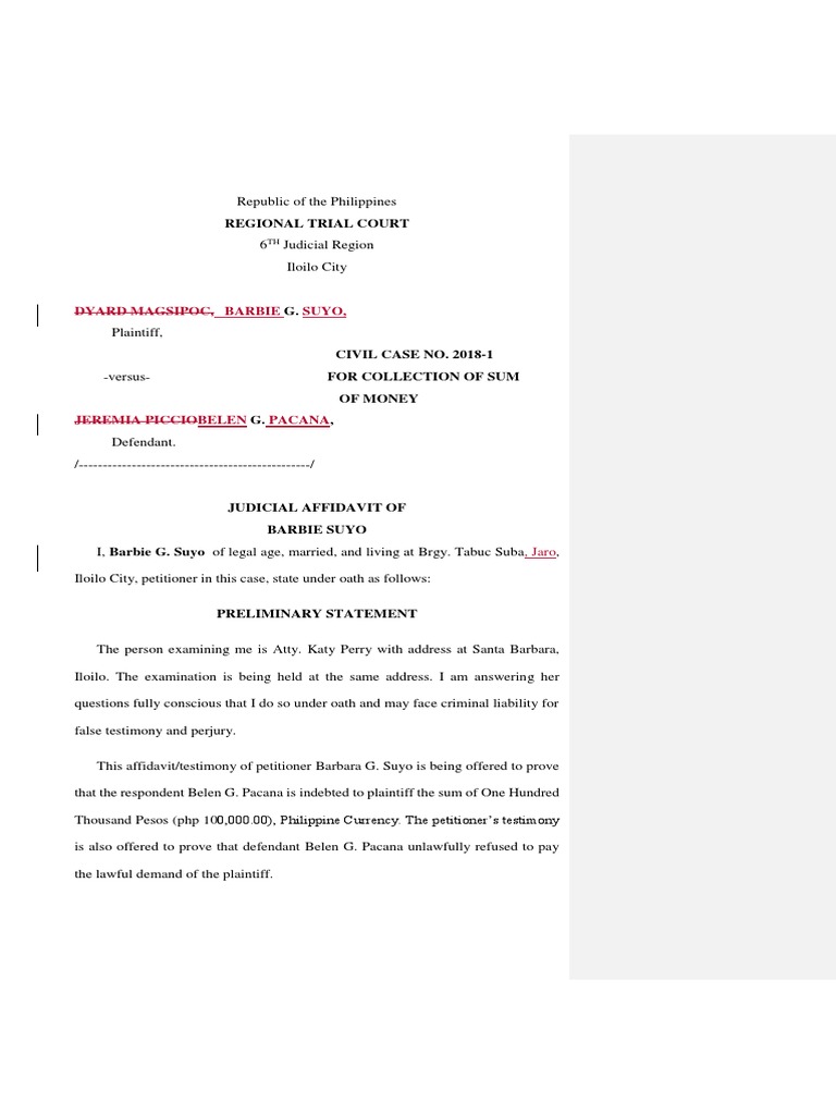 Judicial Affidavit Collection of Sum of Money Plaintiff Suyo V Pacana ...