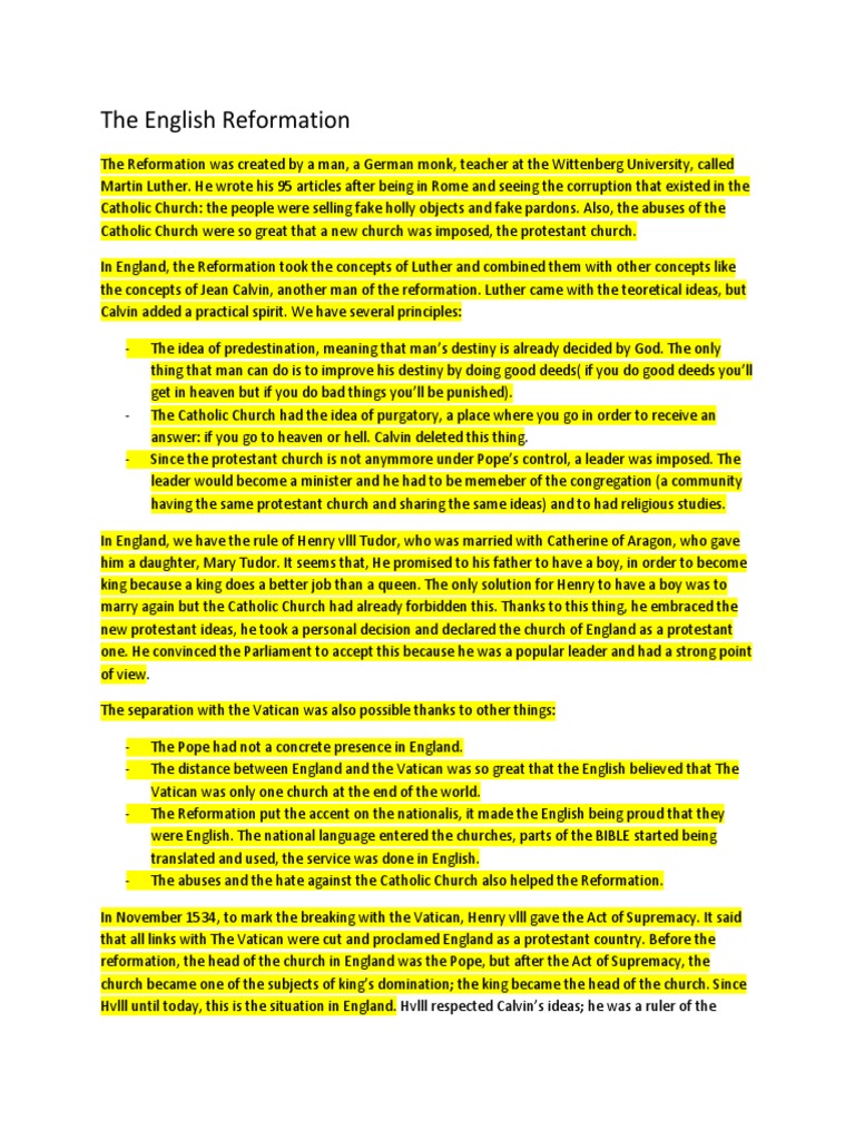 English Reformation and Henry VIII | PDF | Protestantism | Church Of ...