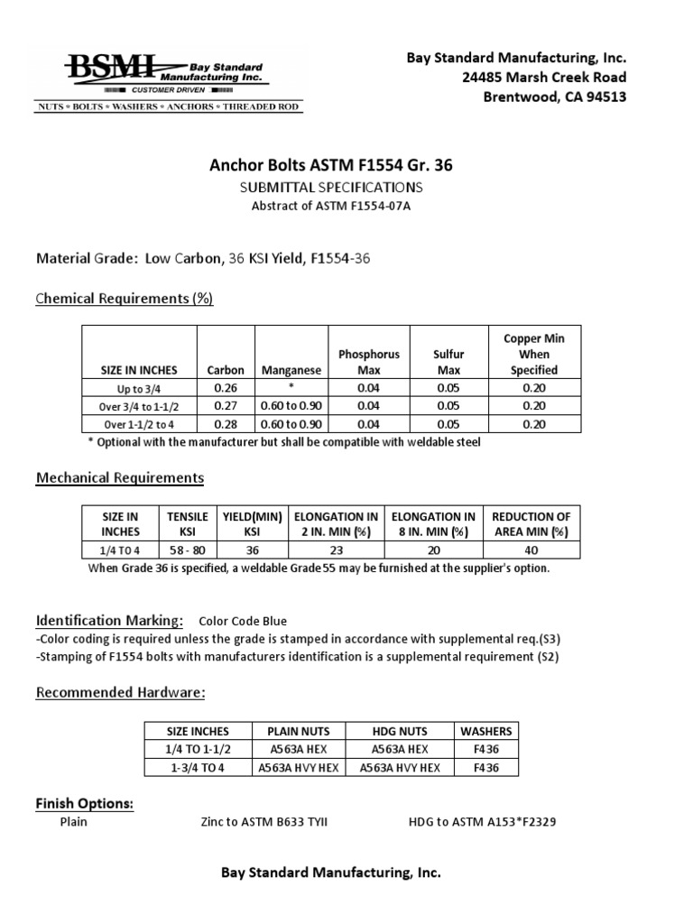 Anchor Bolts ASTM F1554 Gr. 36: Submittal Specifications | PDF | Screw | Chemical Elements