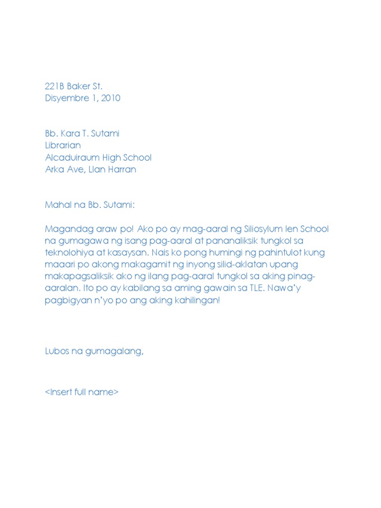 Liham Pangnegosyo (Pahintulot) Sample