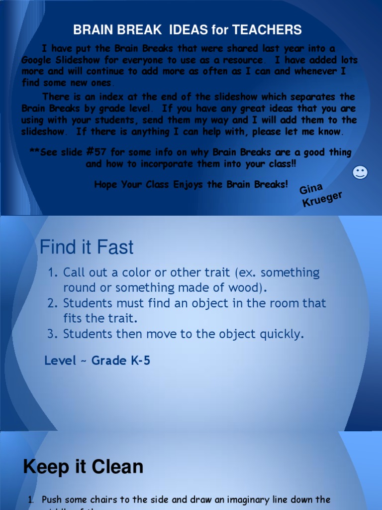 Brain Break Ideas For Teachers PDF | PDF | Classroom | Hand