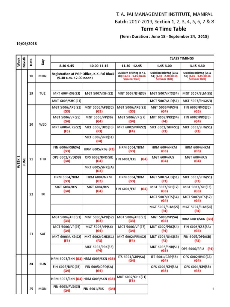 Term 4 Time Table: T. A. Pai Management Institute, Manipal Batch: 2017 ...