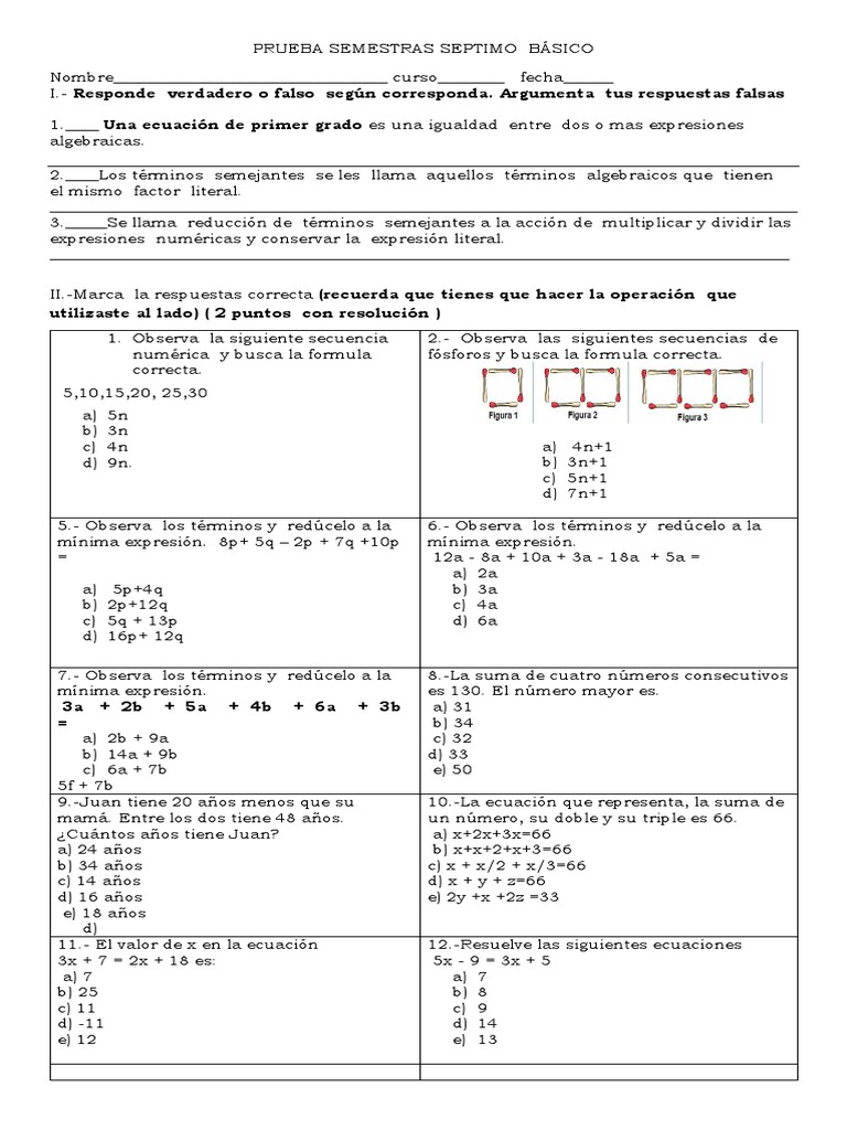 Prueba de Algebra Septimo Básico | PDF | Objetos matemáticos ...