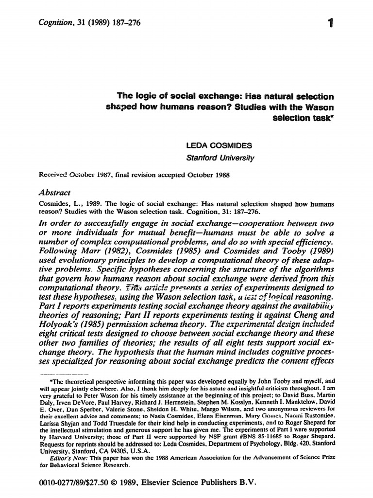 Leda Cosmides - The Logic of Social Exchange - Has Natural Selection ...