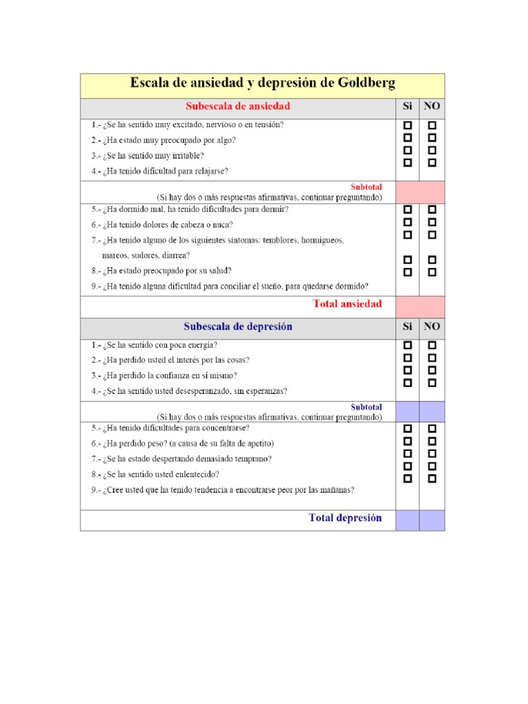 Escala de Depresión y Ansiedad de Goldberg PDF | PDF