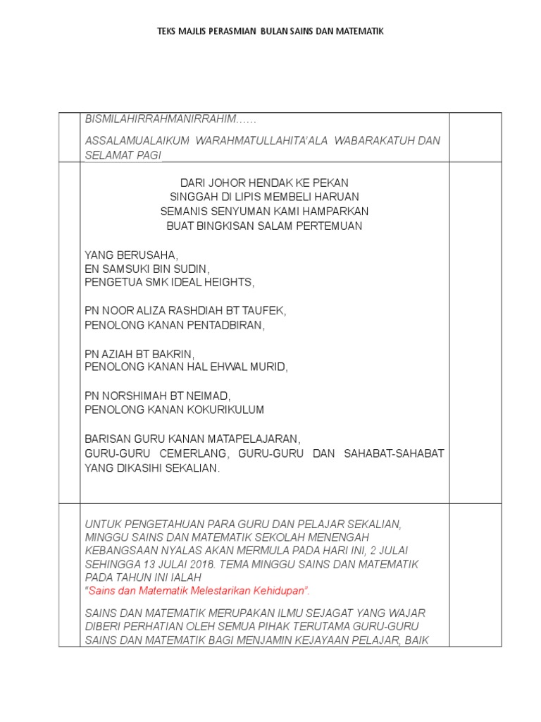 Skrip MC Minggu Sains Dan Matematik 2018 | PDF