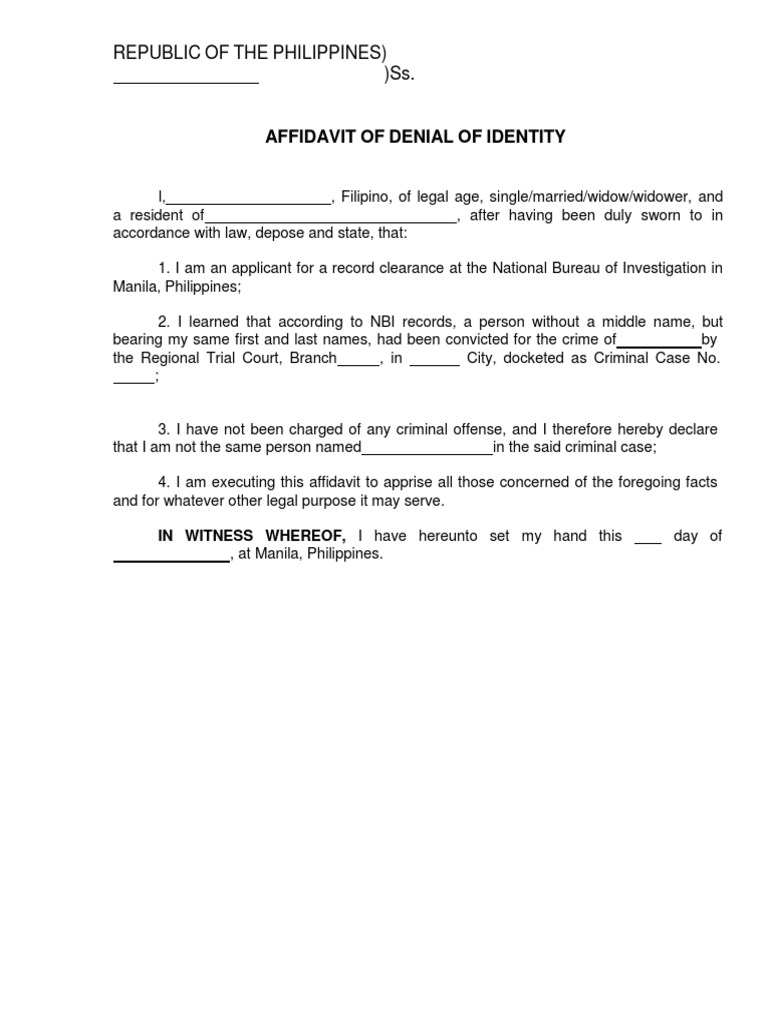 Republic Of The Philippines) )Ss.: Affidavit Of Denial Of Identity
