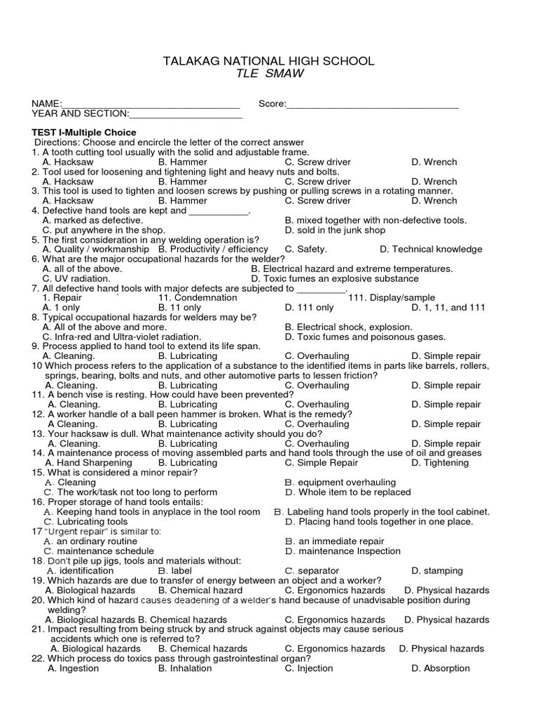 Tle 7 Smaw Test | PDF | Welding | Construction